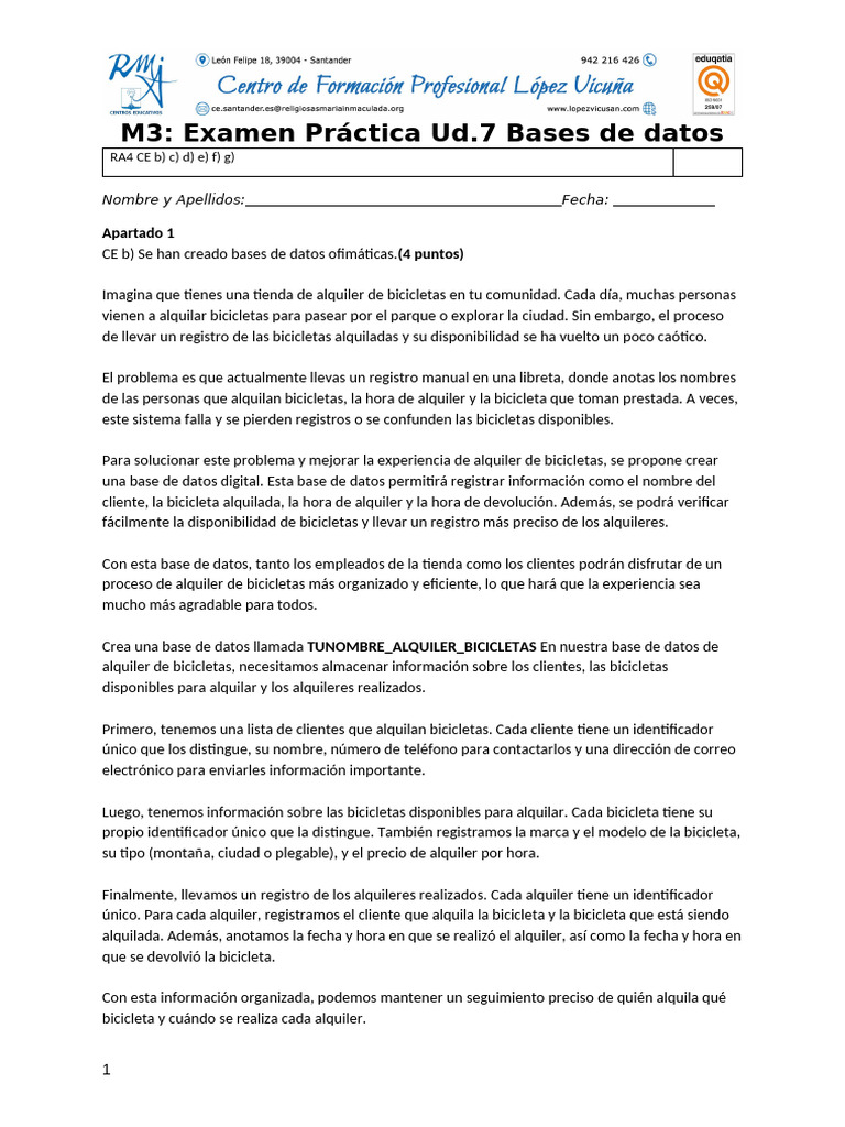 2504 - Examen Practico UD7 Bases de Datos | PDF | Bases de datos | Informática