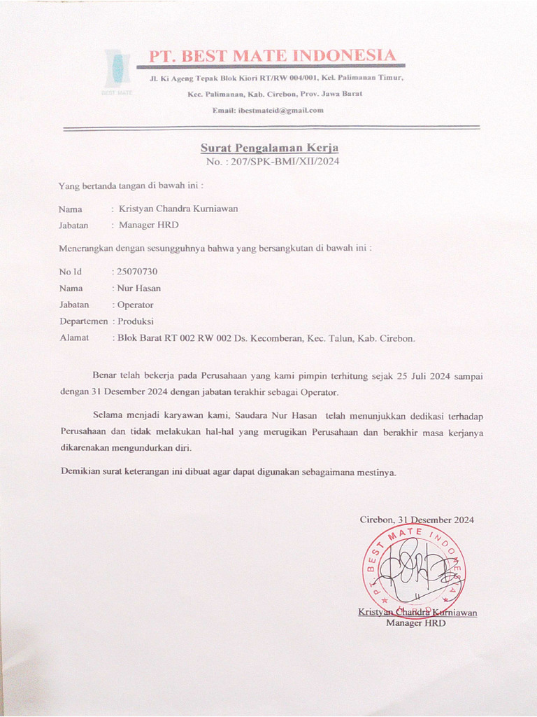 Paklaring PT. Best Mate Indonesia - 14-04-25 - 12.13 | PDF