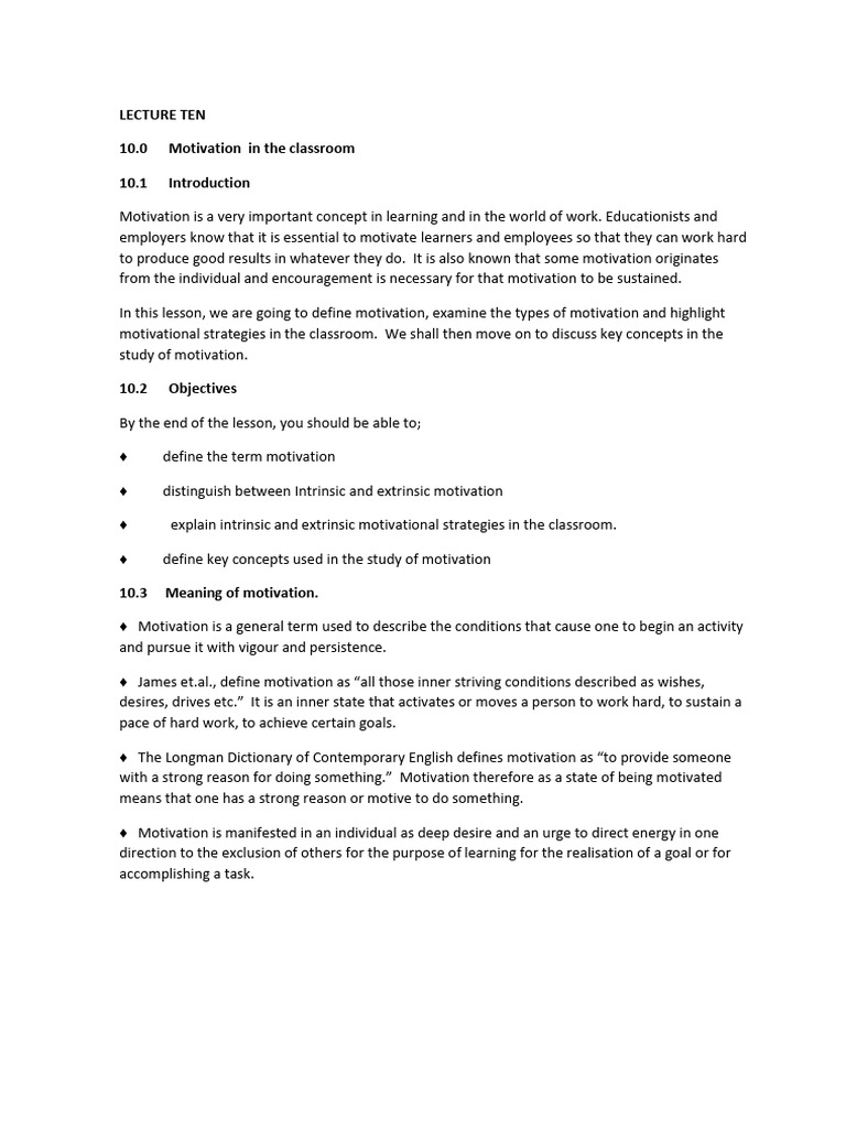 ECT202 Lecture Ten Motivation in The Classroom | PDF | Motivational | Motivation