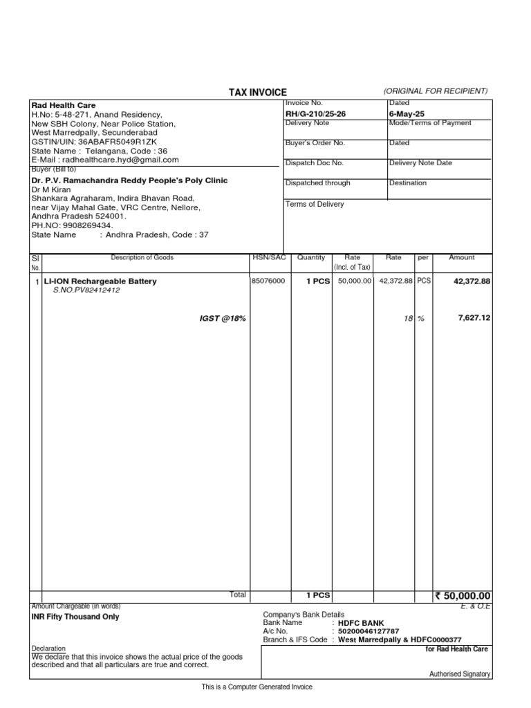 Inv.210 Peoples Poly Clinic Battery Invoice | PDF