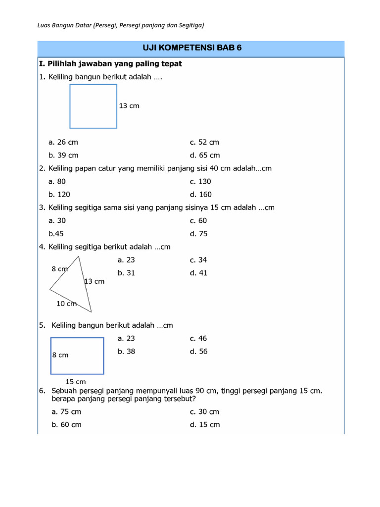 Keliling Dan Luas Bangun Datar (Persegi, Persegi Panjang, Segitiga) | PDF