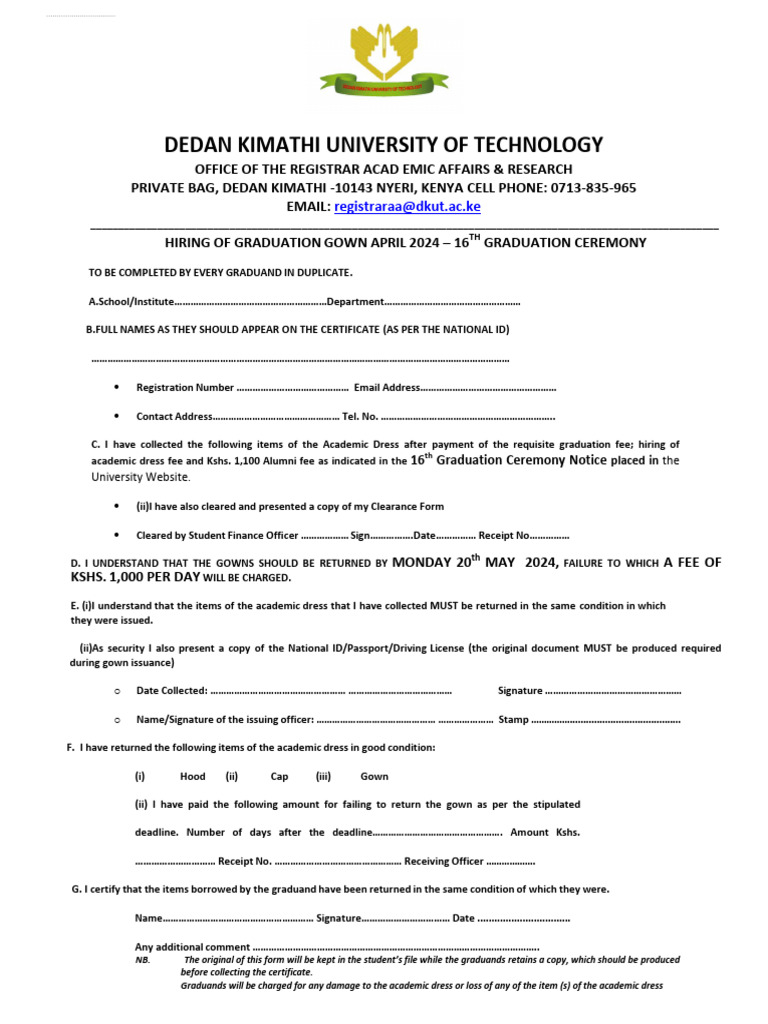 Graduation Gown Hire Application Form | PDF