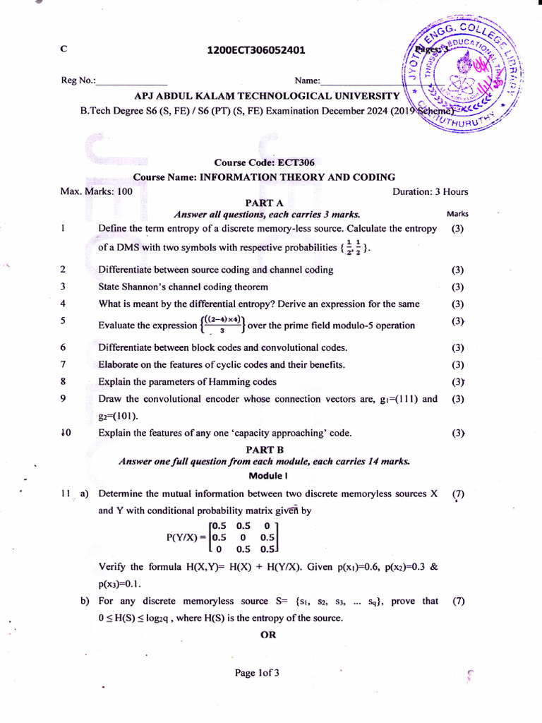 ECT306 Information Theory Exam Guide | PDF | Applied Mathematics ...