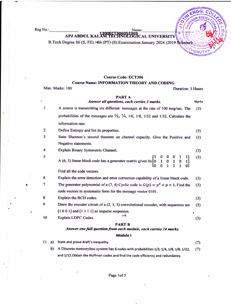 Ect306 Information Theory and Coding, January 2024 | PDF