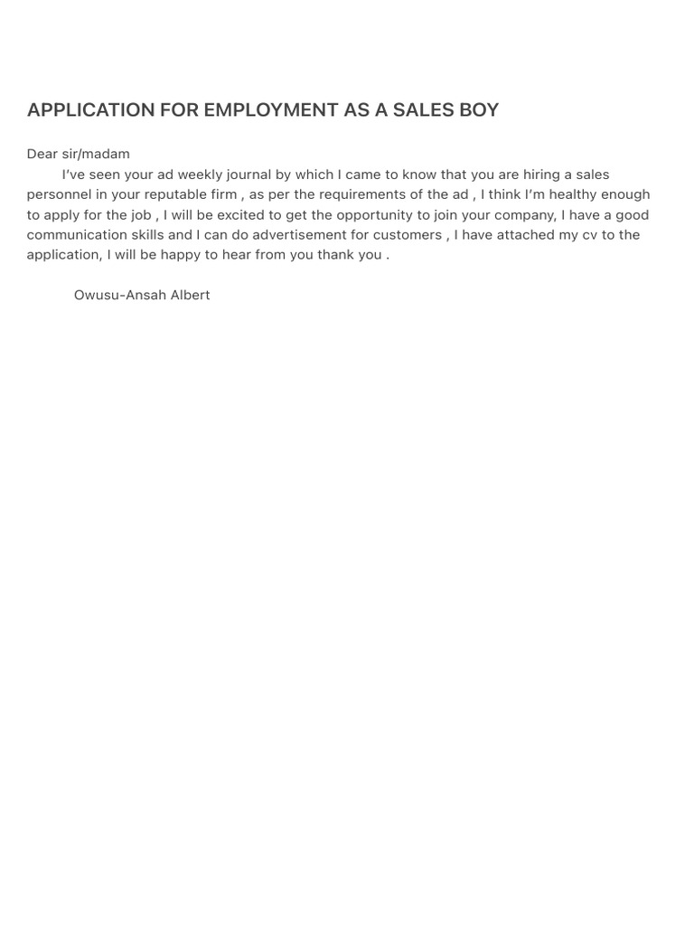 Application For Employment As A Sales Boy | PDF