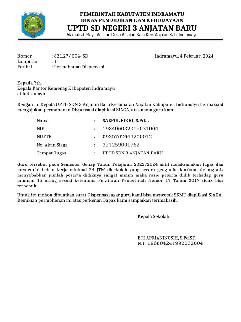 Surat permohonan dispensasi siaga SAEFUL FIKRI 23-24 | PDF