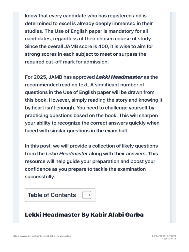 JAMB Novel Lekki Headmaster - Likely Questions and Answers 2025 - AJLS ...