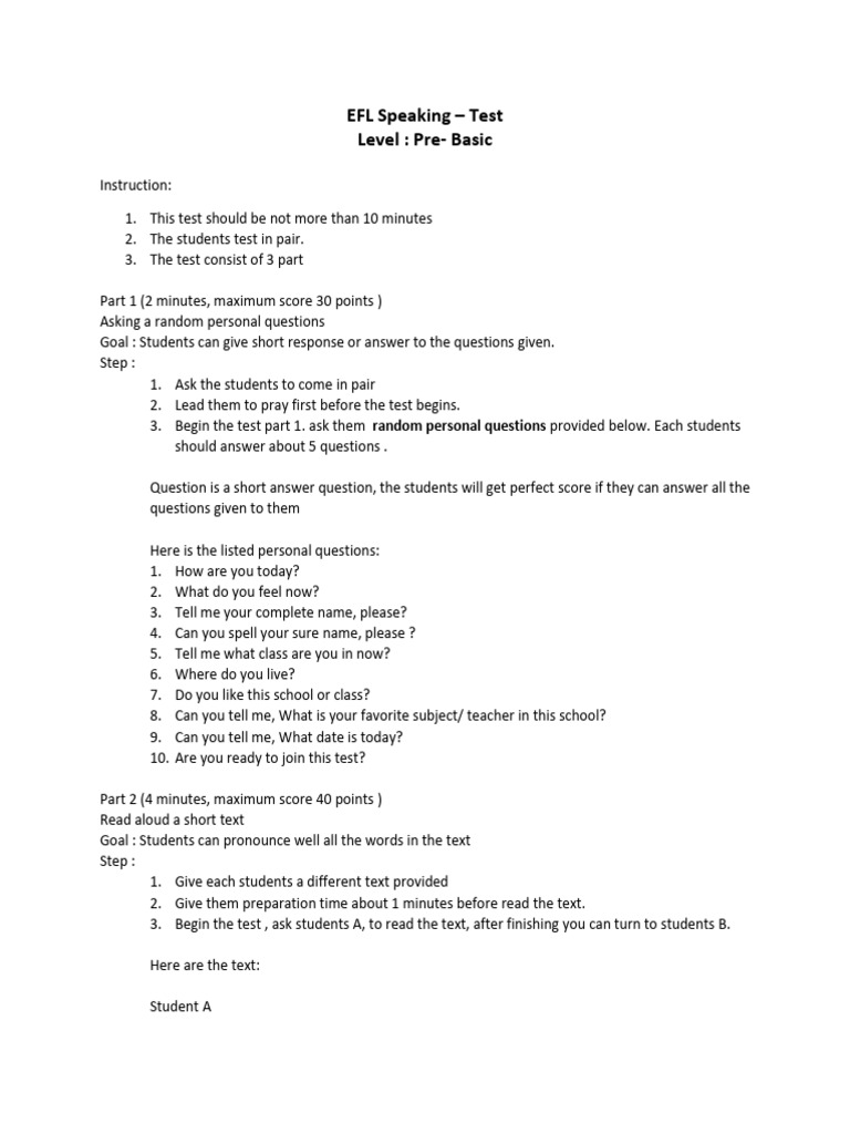 EFL Speaking Test Pre Basic | PDF