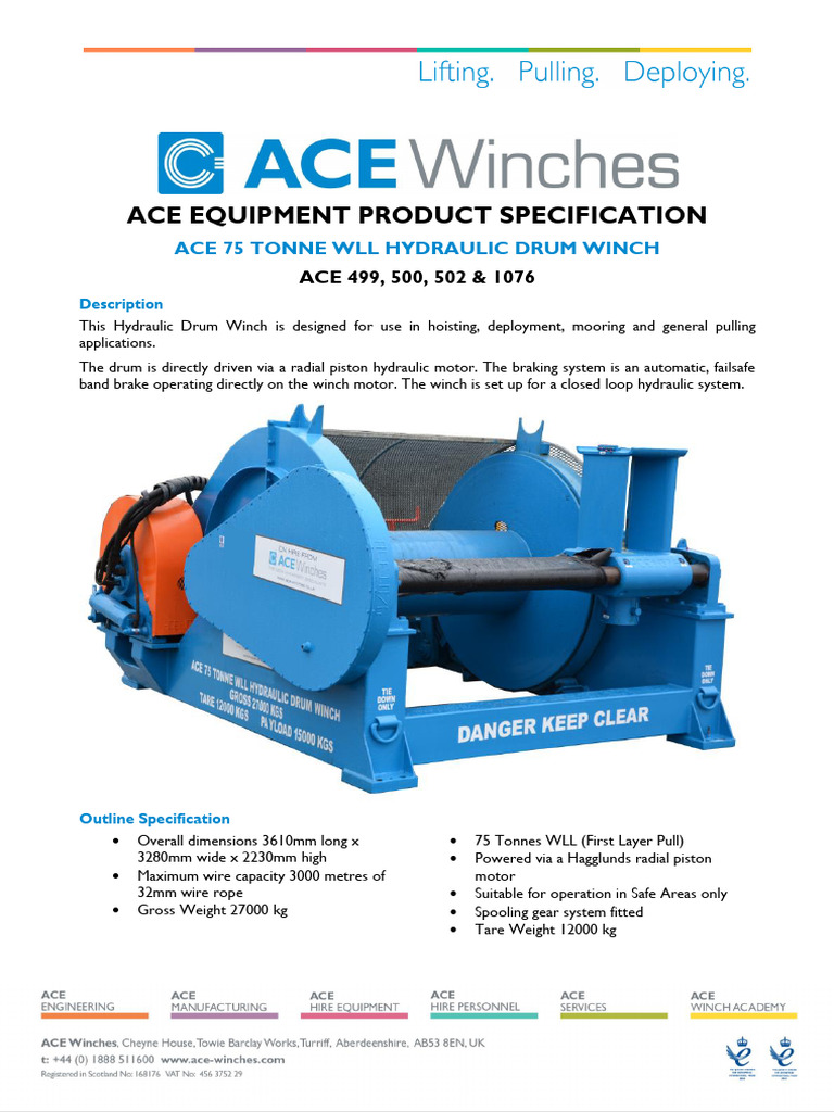ACE 499, 500, 502, 1076 - 75 Tonne WLL Hydraulic Drum Winch - Specification - Rev 4 | PDF ...