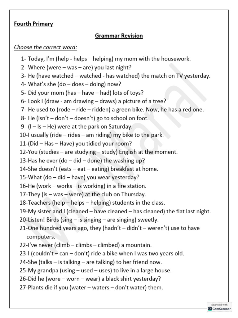 Fourth Grade Grammar Revision Quiz | PDF