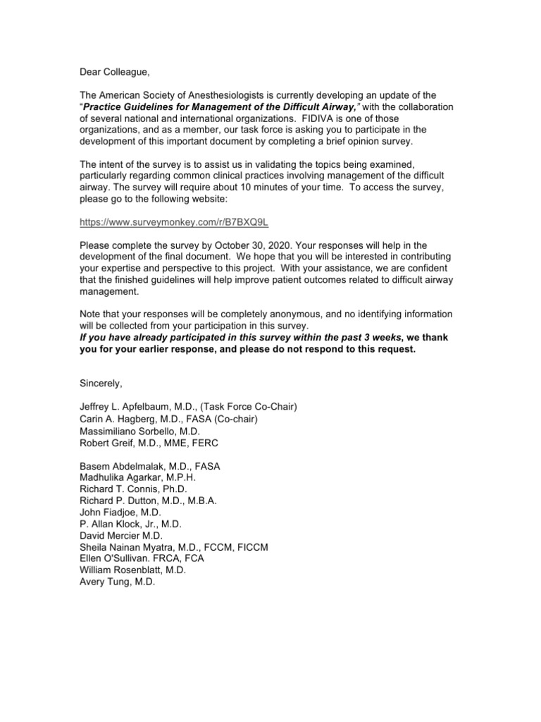 Difficult Airway FIDIVA Member Survey Letter | PDF