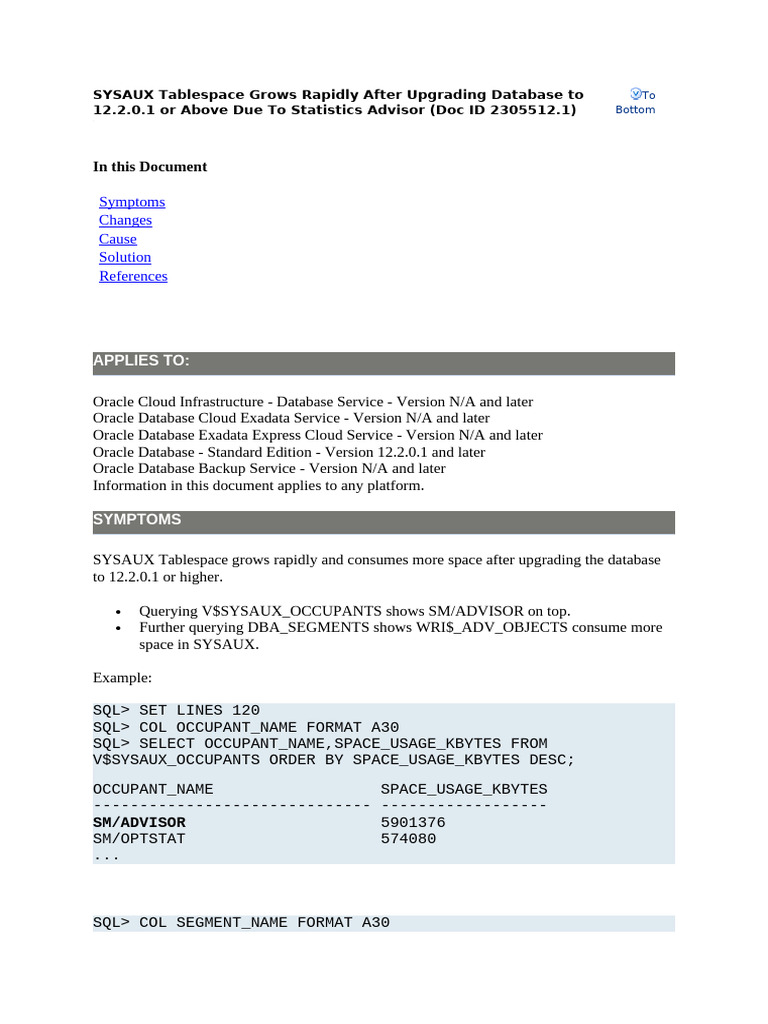 SYSAUX Tablespace Grows Rapidly After Upgrading Database To 12.2.0.1 or Above Due To Statistics ...
