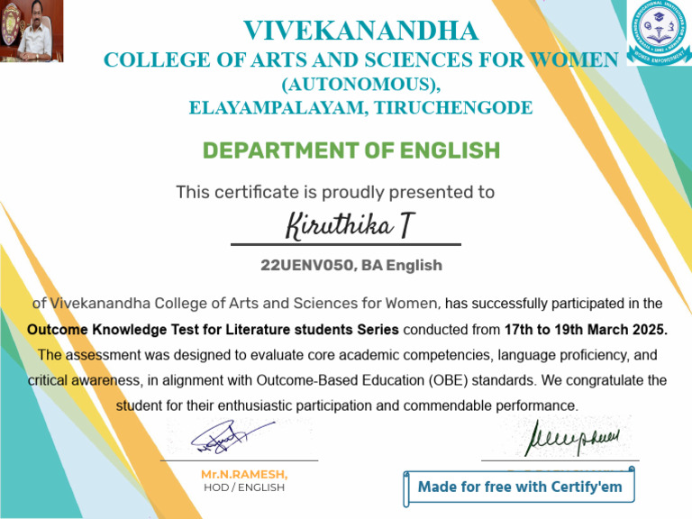 Certificate For Kiruthika T For - Feedback Form For Outcome K... | PDF