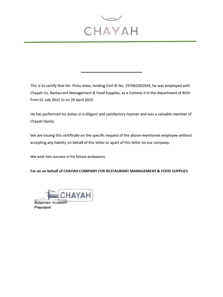 Chayan Experience Letter | PDF