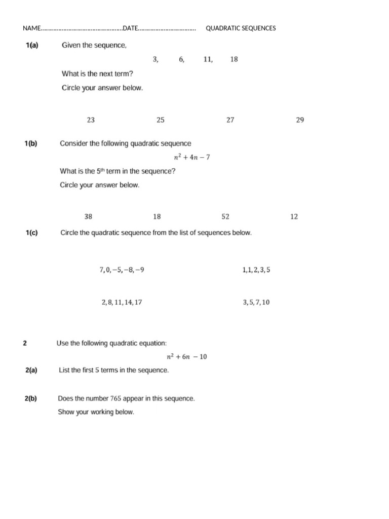 Quadratic Sequences Test | PDF