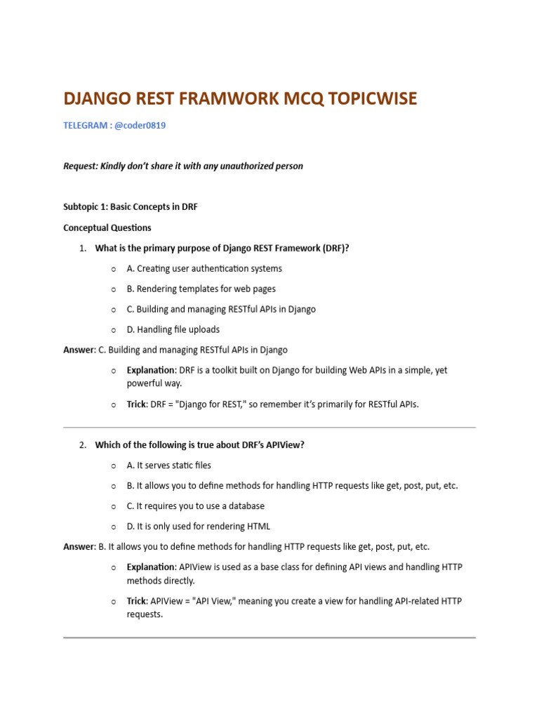 Final Django Rest Framwork MCQ Topicwise | PDF | Http Cookie | Access Control