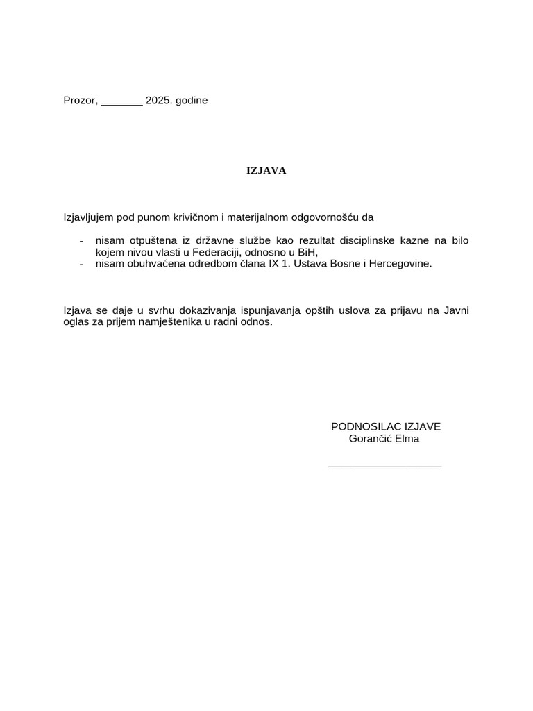 Izjava o Nekaznjavanju | PDF