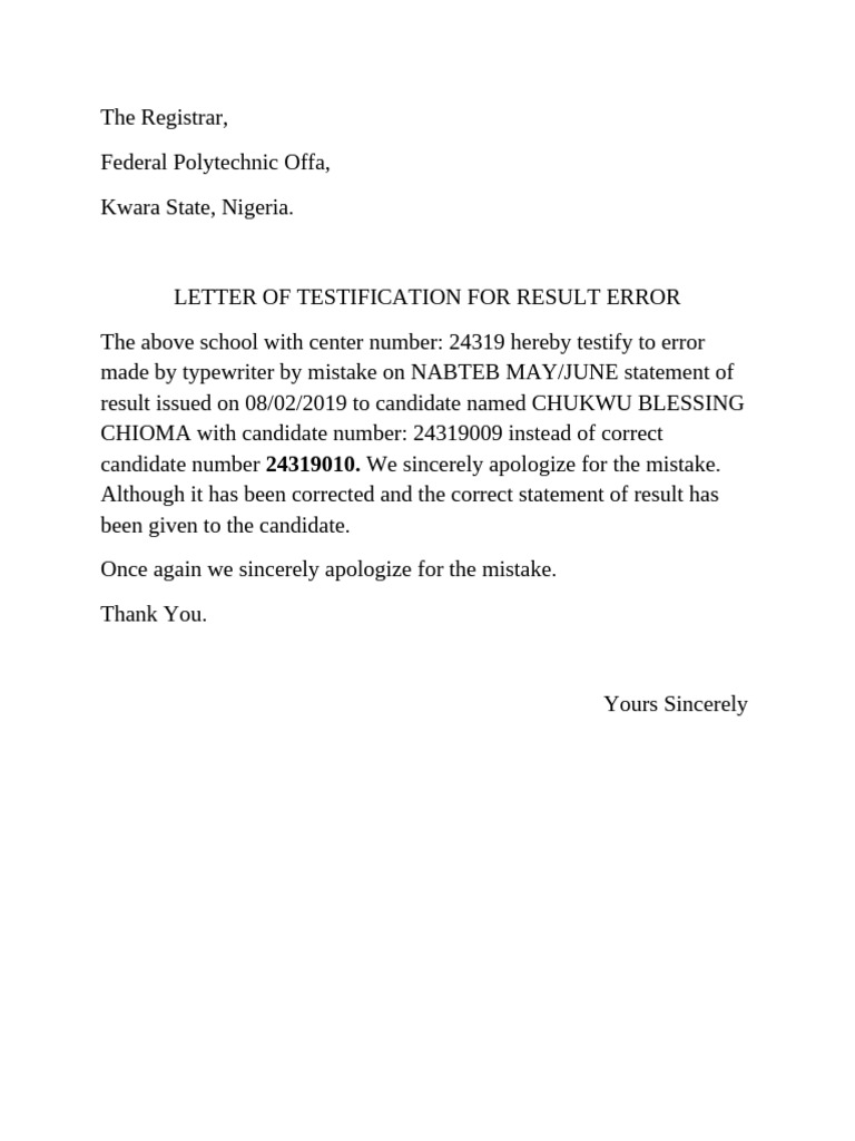 Result Error Testification Letter | PDF