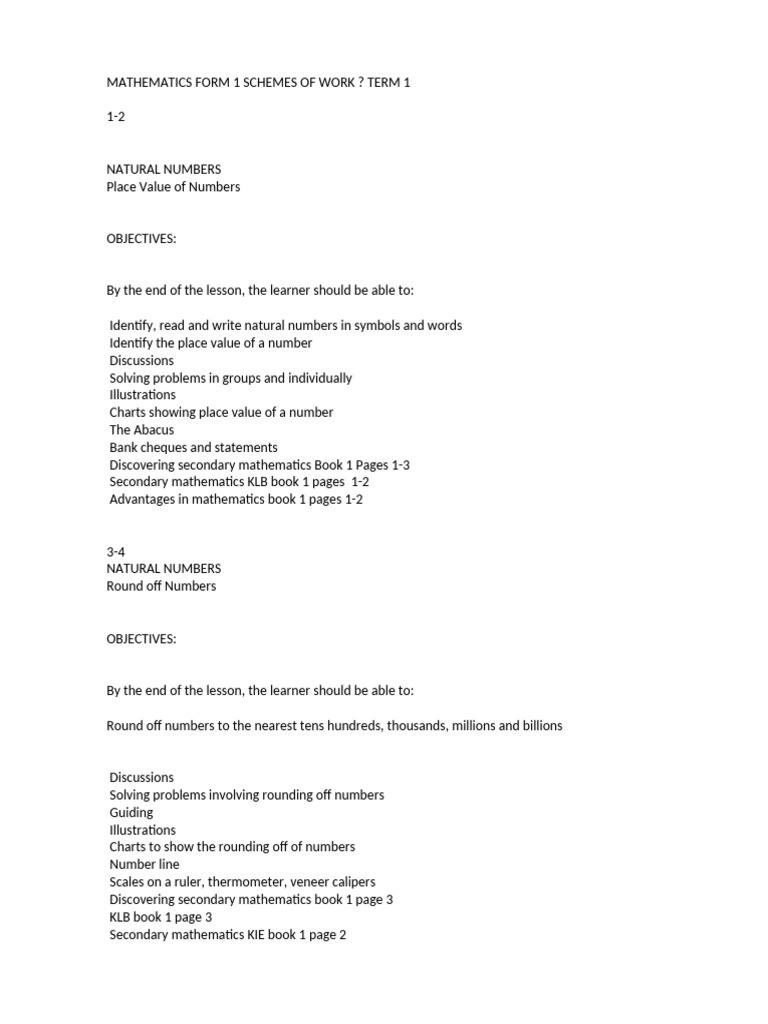 Lesson Plans Mathematics Form I IV | PDF | Mathematics | Multiplication