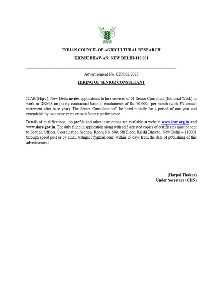 Senior Consultant Position at ICAR-DKMA | PDF