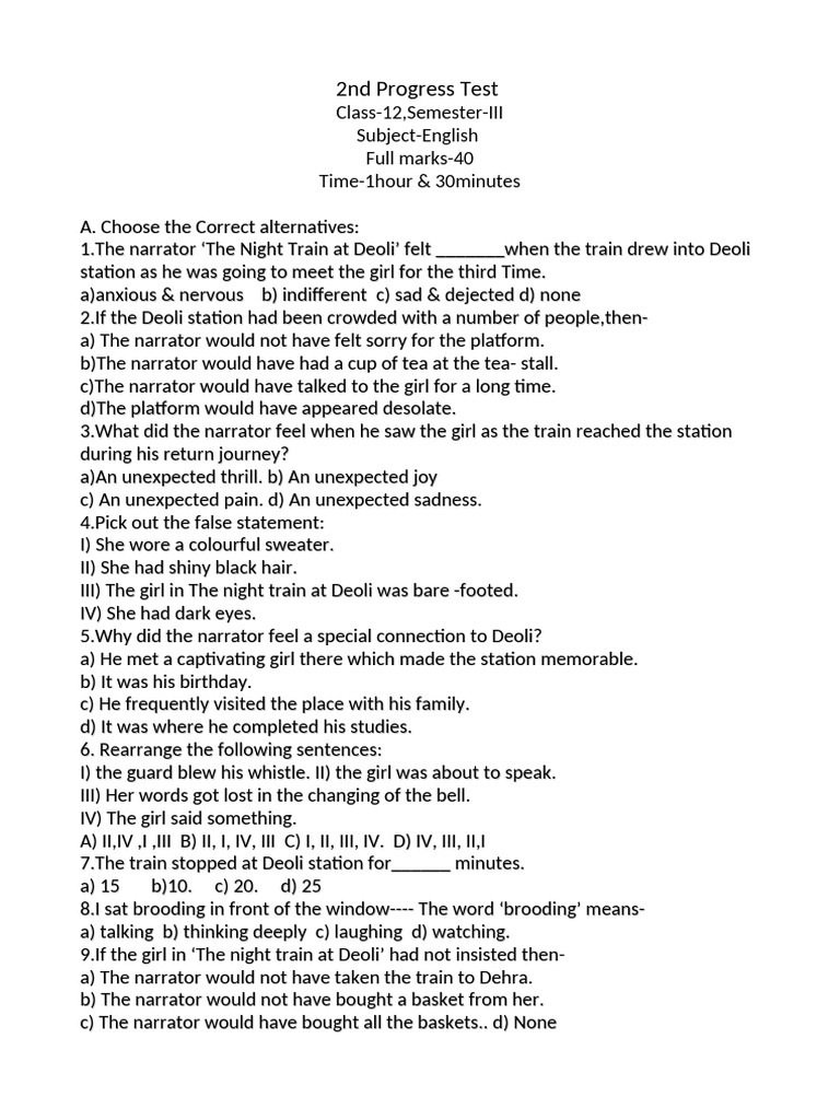 2nd Progress Test, Class-12, Semester-III | PDF