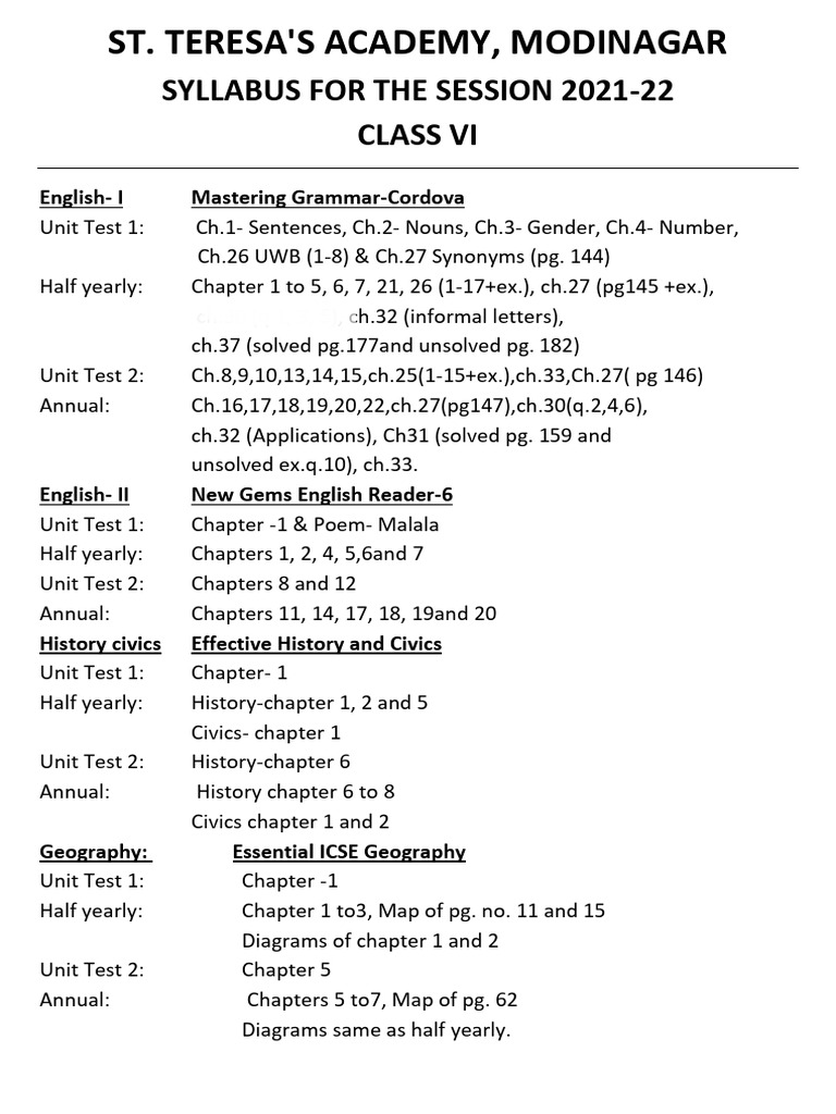 Syllabus Class 6 2021-22 | PDF