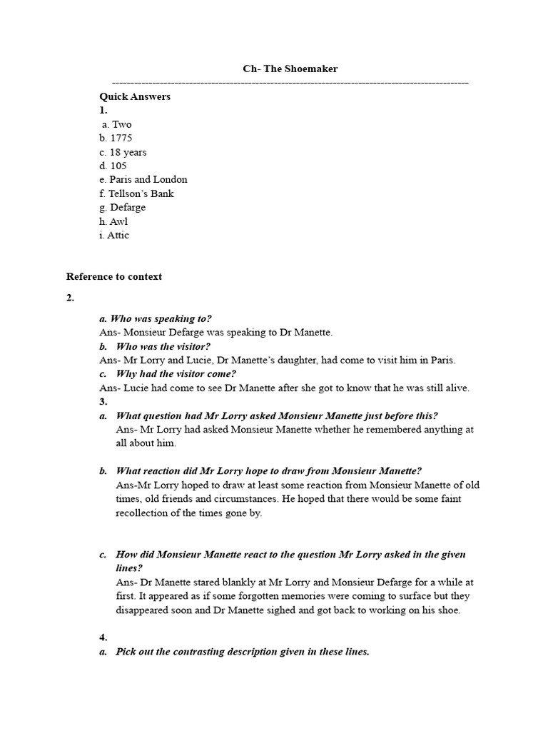 The Shoemaker: Class 8 Summary & Q&A | PDF | Psychology
