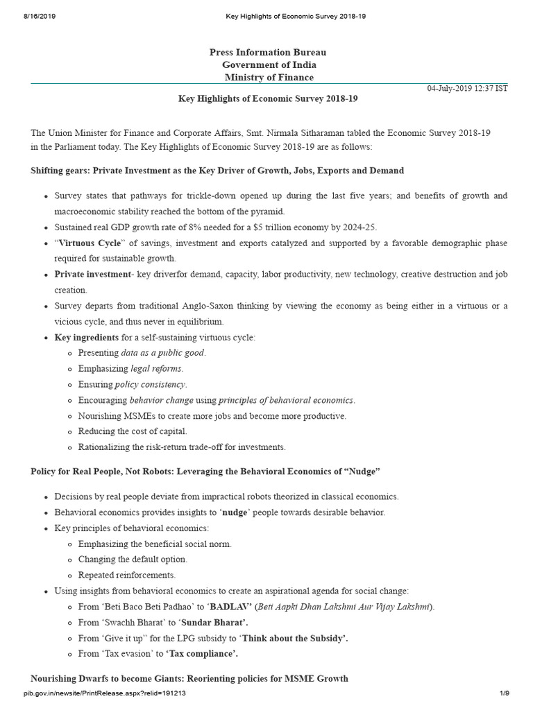 Key Highlights of Economic Survey 2018-19 | PDF | Minimum Wage ...