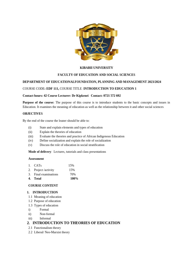 Edf 111 Course Outline 2024 | PDF | Social Sciences | Liberal Arts ...
