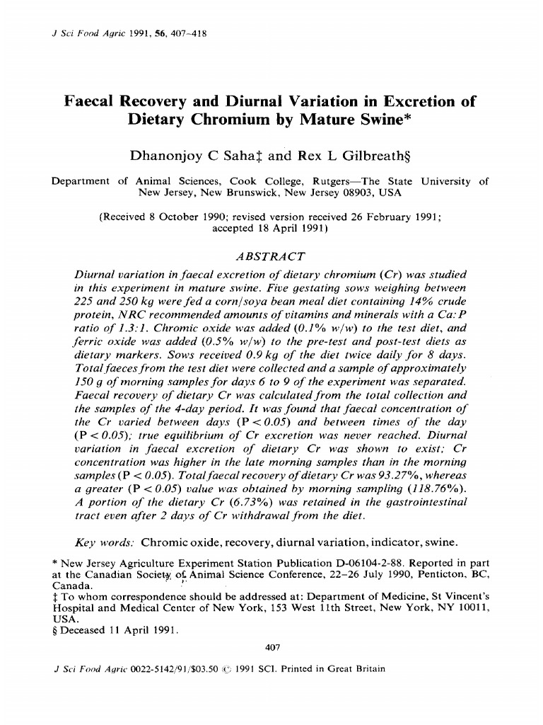 Faecal Recovery and Diurnal Variation in Excretion of Dietary Chromium ...