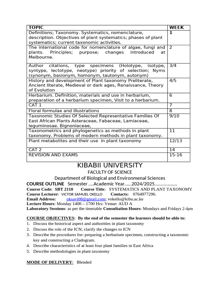 Plant Systematics Course Outline | PDF | Taxonomy (Biology) | Botanical ...