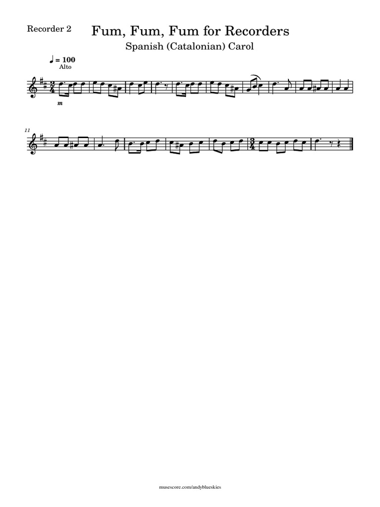 Fum Fum Fum - Recorder Quartet-Recorder 2 | PDF