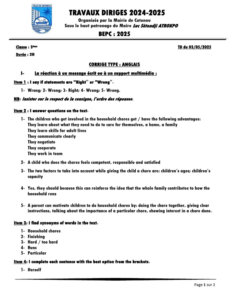 2025 - TD MAIRIE - CORRIGE - ANGLAIS - 3ème - 030525 | PDF
