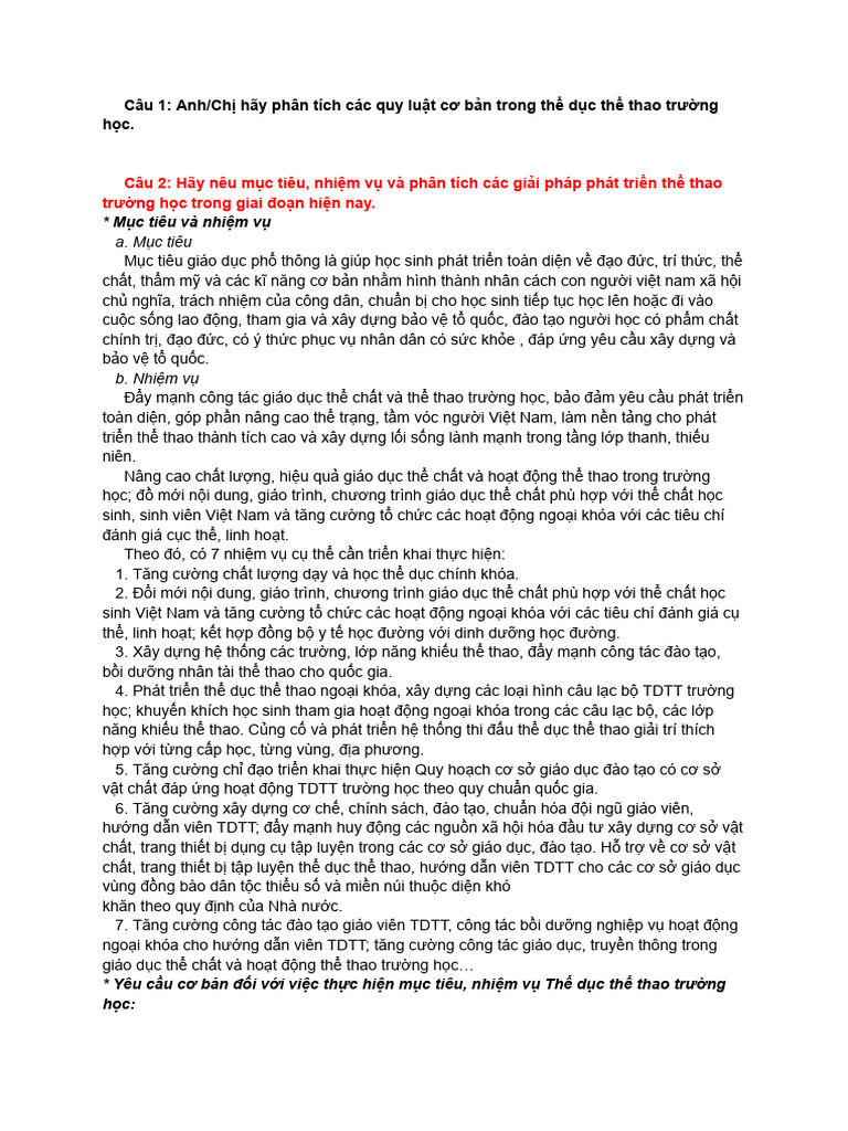 10 Câu Hỏi Thi LLPP TDTT TH | PDF