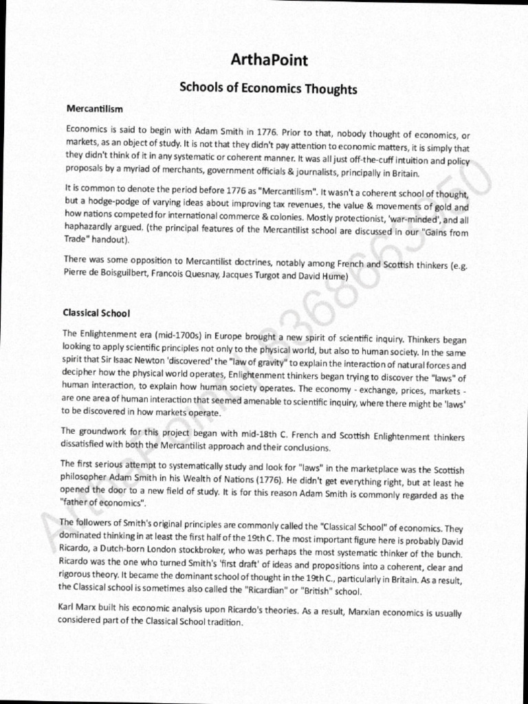 Schools of Economics Thoughts Notes | PDF