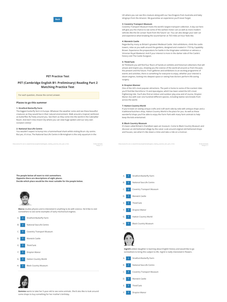 PET (Cambridge Rnglish B1 - Prelimiinary) Reading Part 2 Matching ...