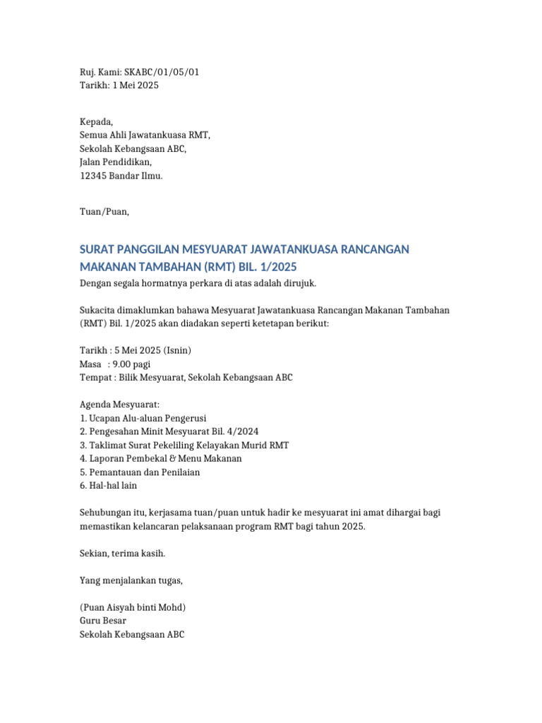 Surat Panggilan Mesyuarat RMT 2025 | PDF