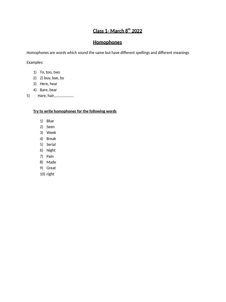 Class 1 MArch 2022 - Homophones | PDF