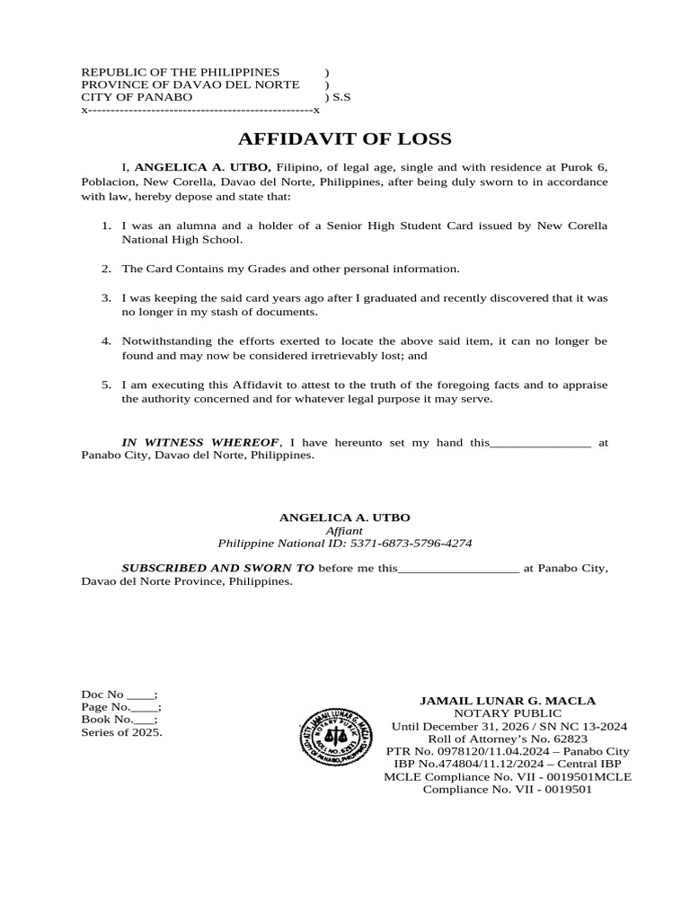 Affidavit of Loss for Student Card | PDF