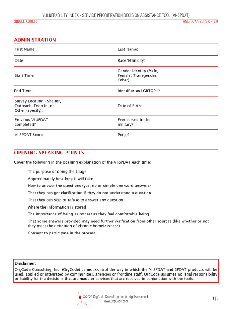 VI SPDAT V3 Single Adults Fillable | PDF | Violence | Homelessness