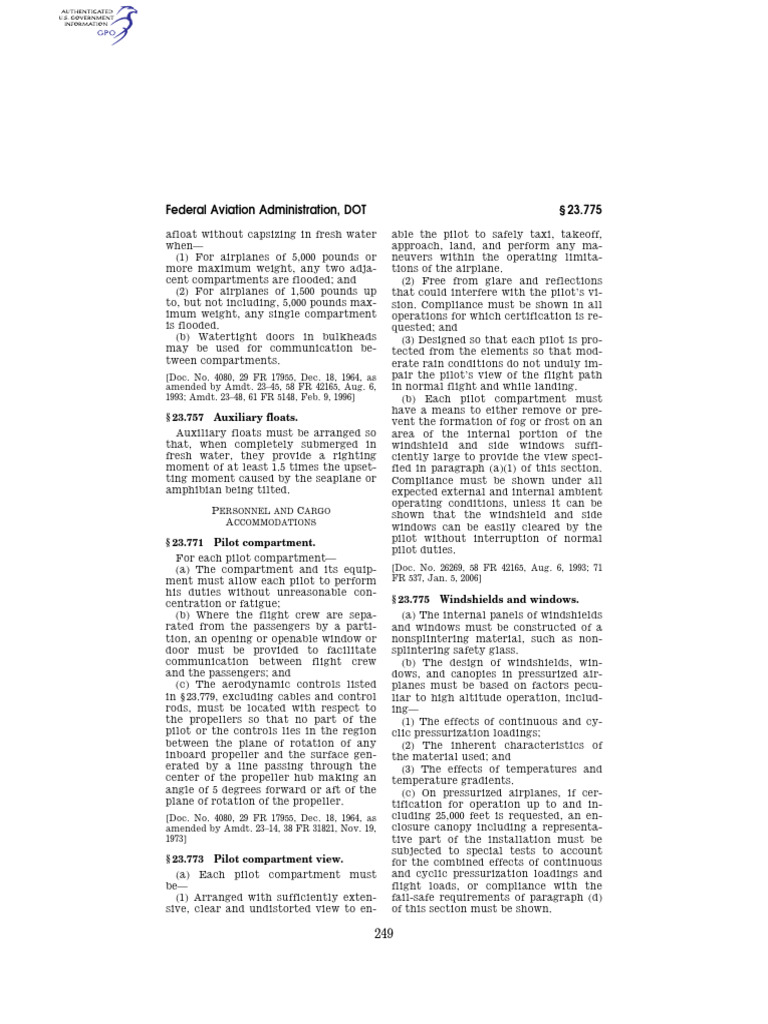 CFR 2012 Title14 Vol1 Sec23 775 Bird - Strike | PDF | Cockpit | Airplane
