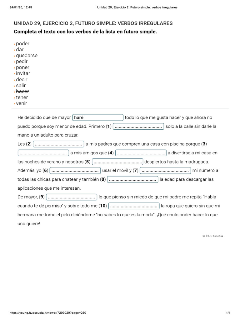 Futuro Simple: Ejercicio Verbos Irregulares | PDF