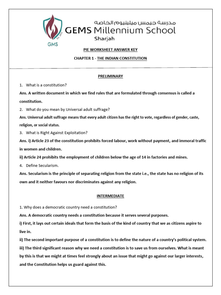 Indian Constitution Worksheet Answers | PDF | Constitution | Suffrage