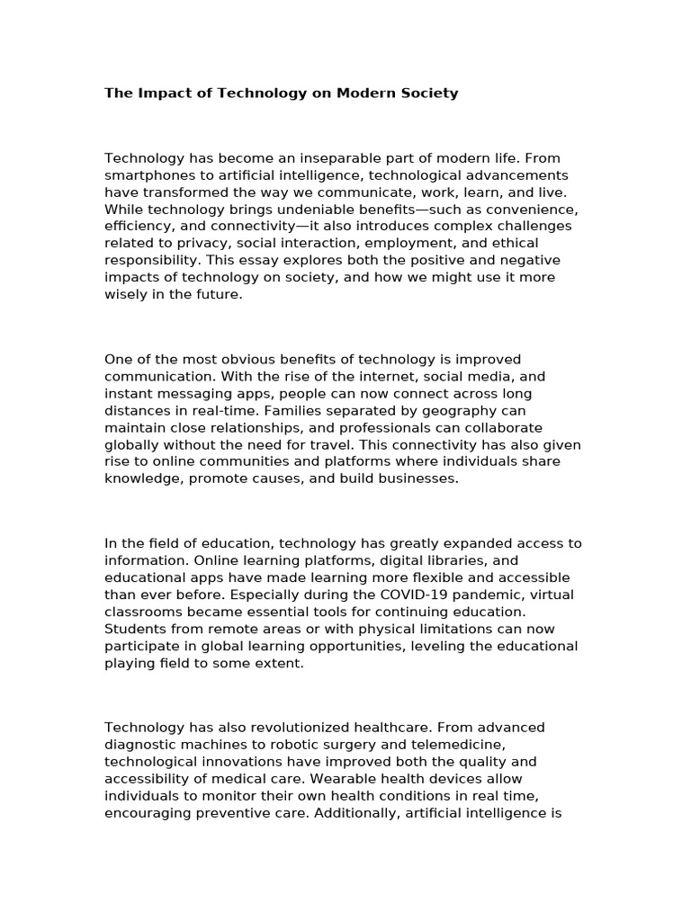 The Impact of Technology On Modern Society | PDF | Artificial ...