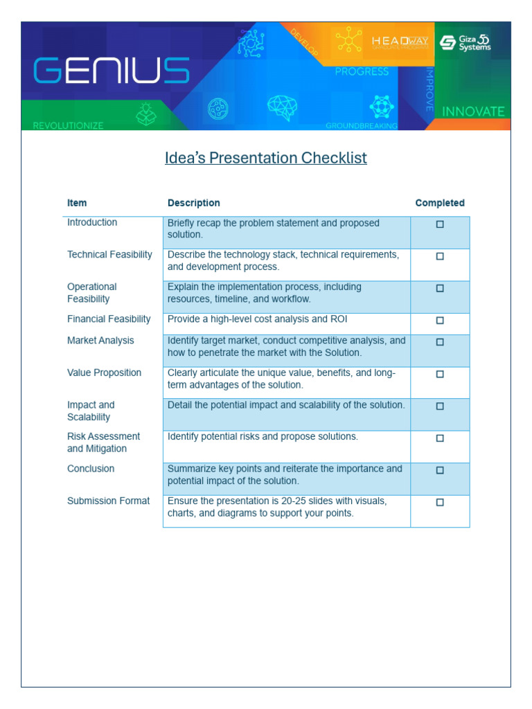 Idea Presentation Checklist Guide | PDF | Feasibility Study | Risk