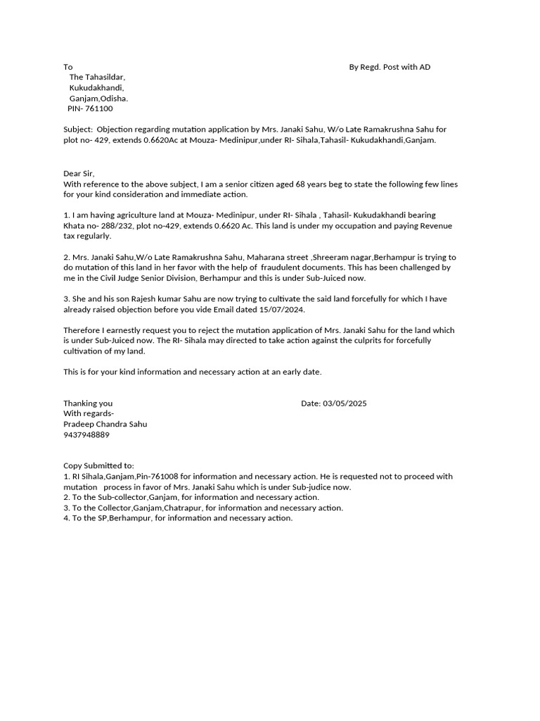 Letter To Tahasildar Kukudakhandi | PDF