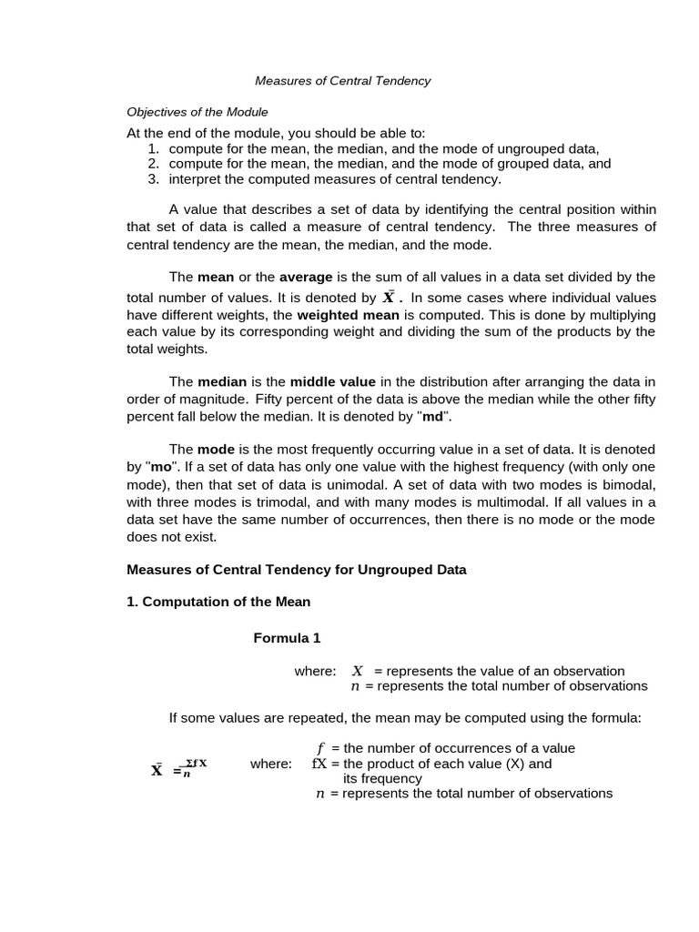 Measures of Central Tendency Handouts | PDF | Mode (Statistics) | Mean