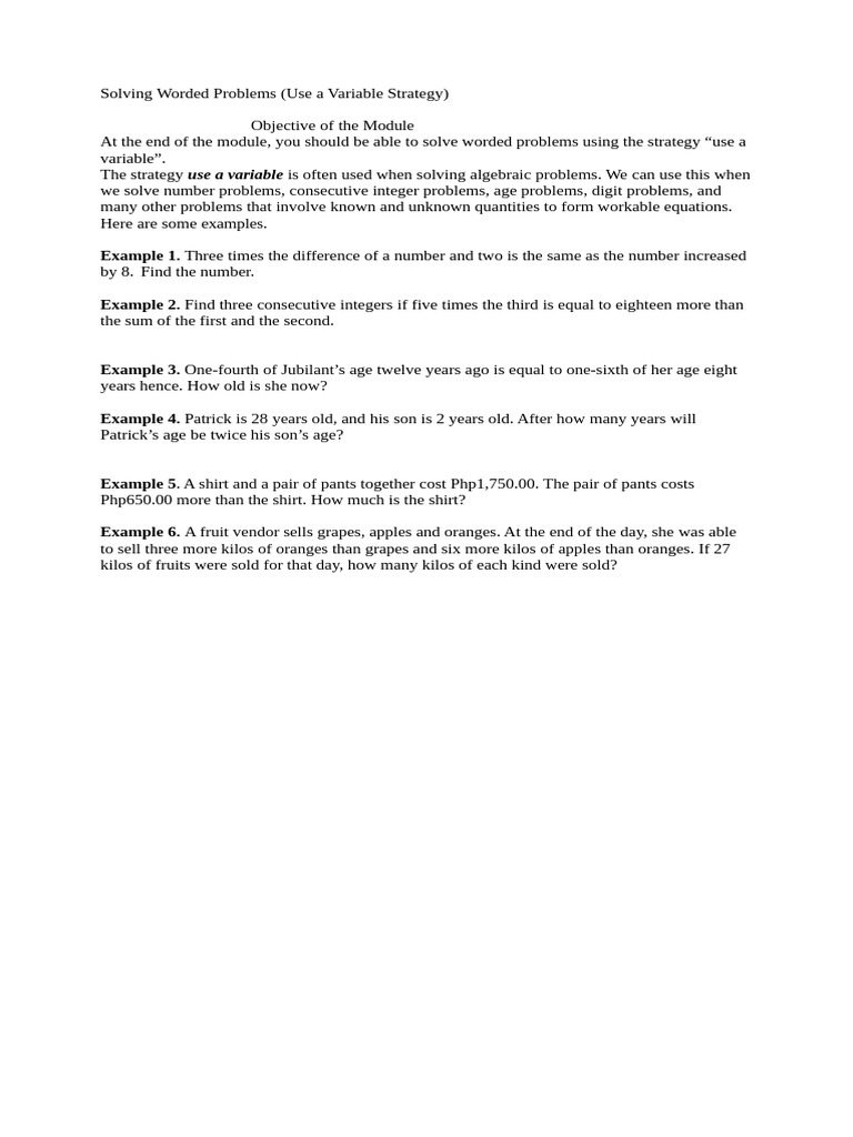 Solving Worded Problems MMW | PDF