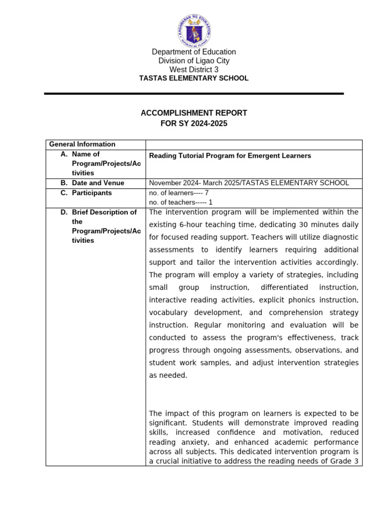 Remedial Reading Accomplishment Report 2024 2025 | PDF | Reading ...