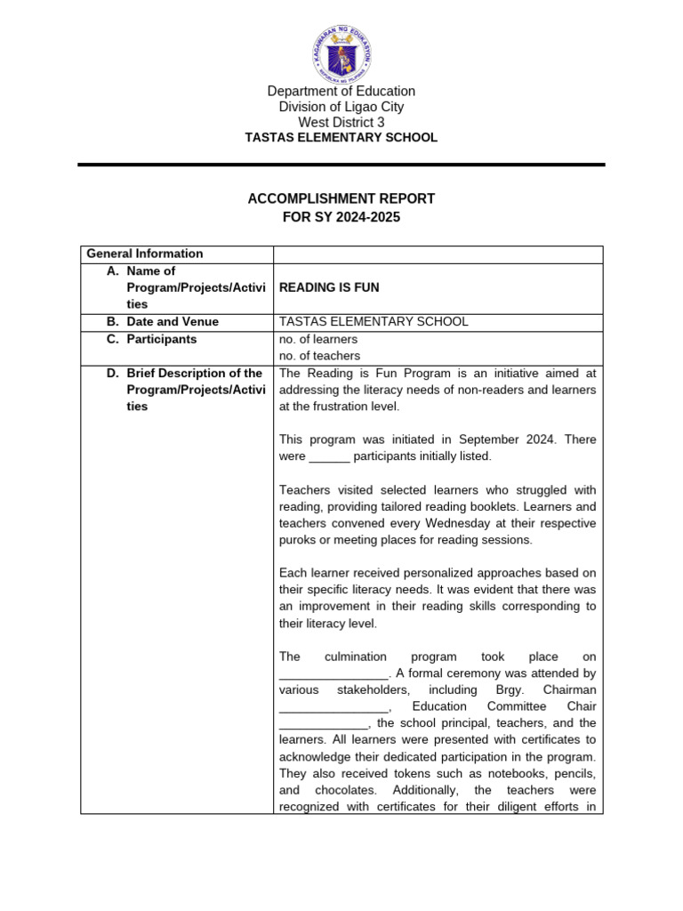Remedial Reading Accomplishment Report Sample | PDF | Literacy | Behavior Modification